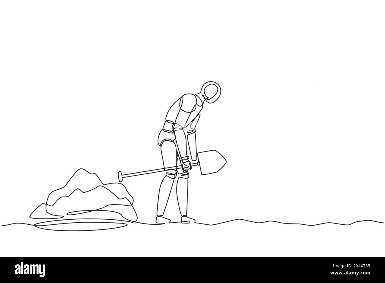 Single one line drawing robot walking unsteadily leaving hole dug ...