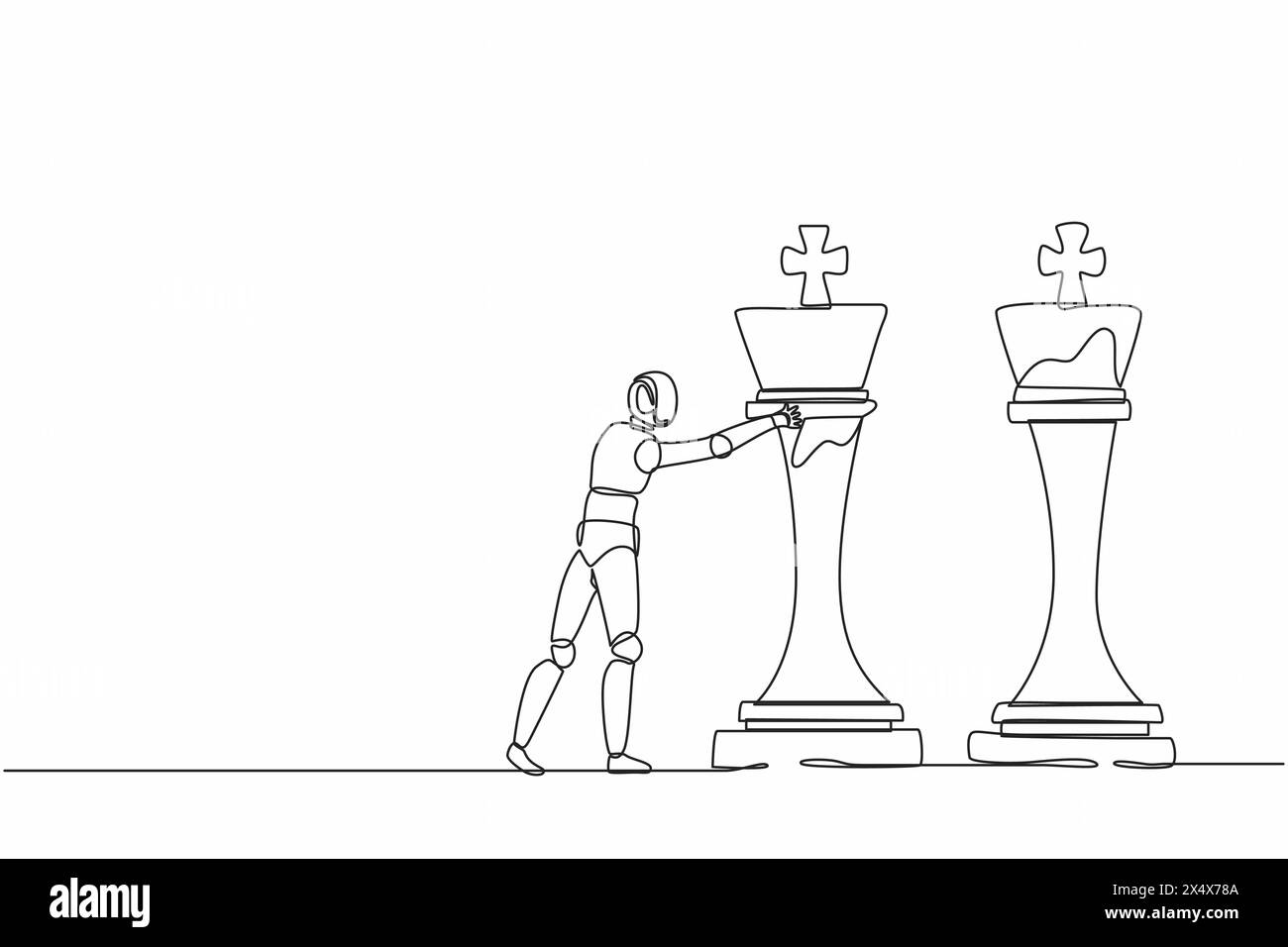 Single one line drawing robot push huge king chess piece to take down ...