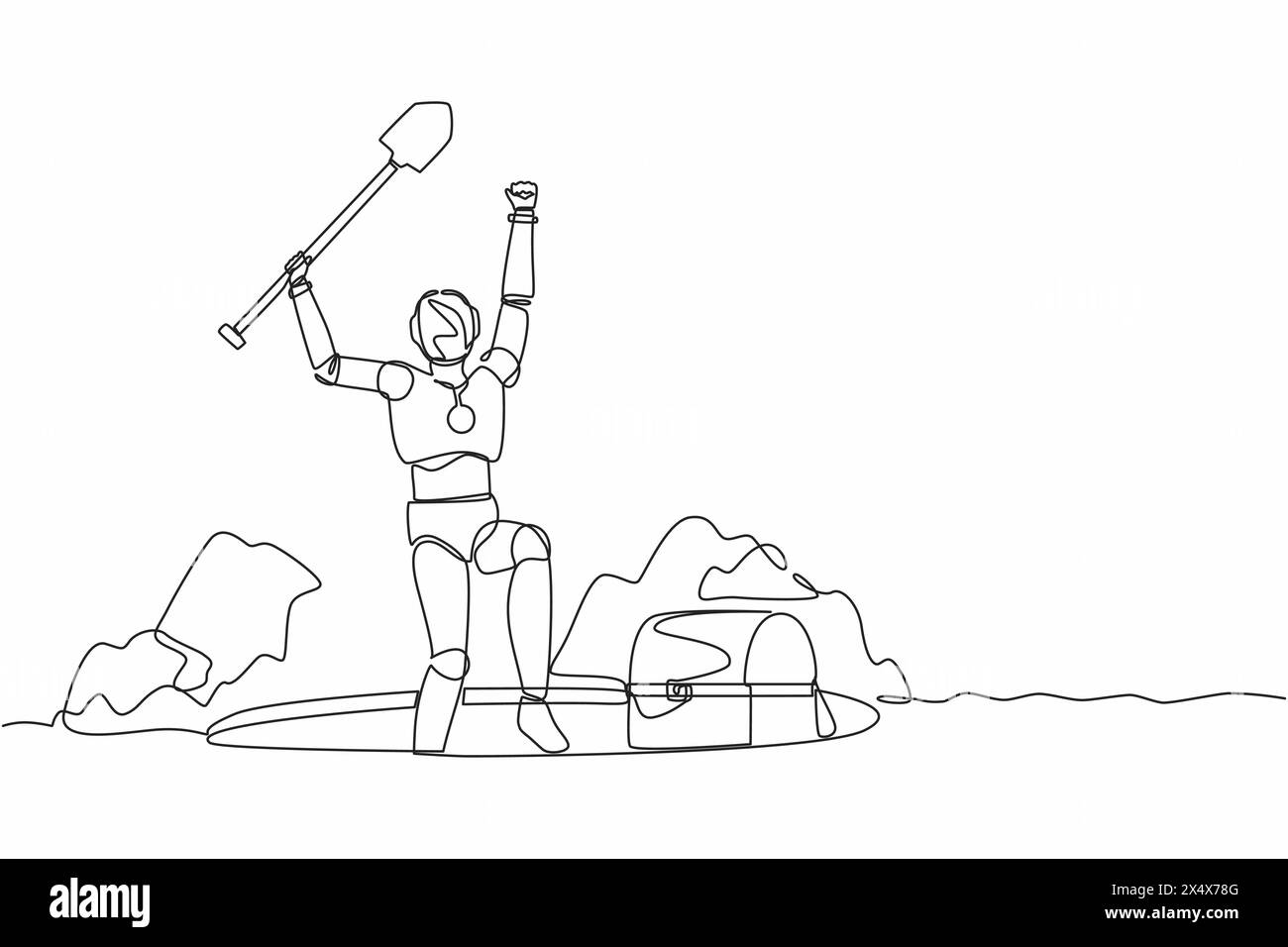 Continuous one line drawing happy robot lifting shovel and finding ...