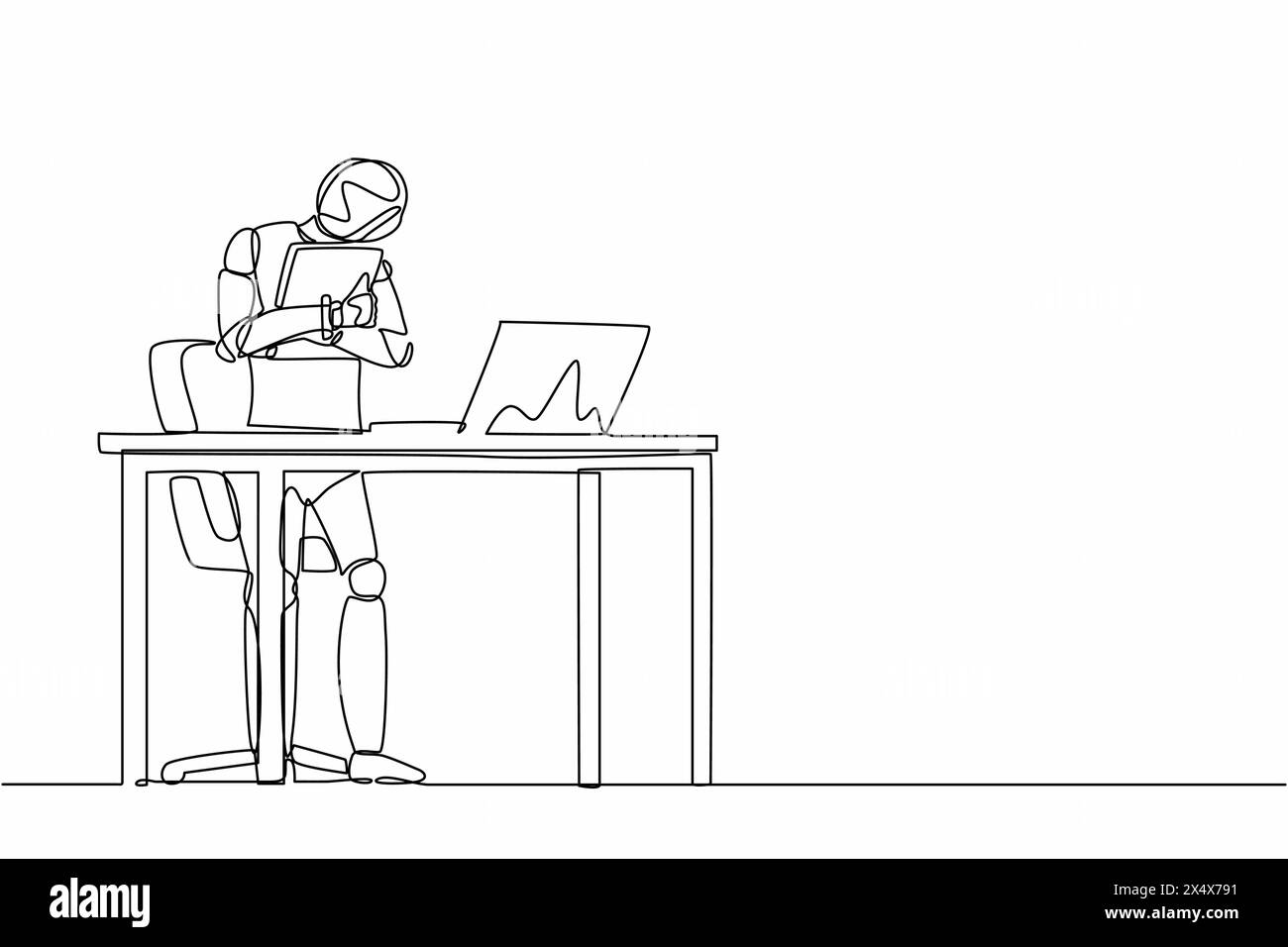 Continuous one line drawing robot standing and hugging laptop at office. Humanoid robot ...