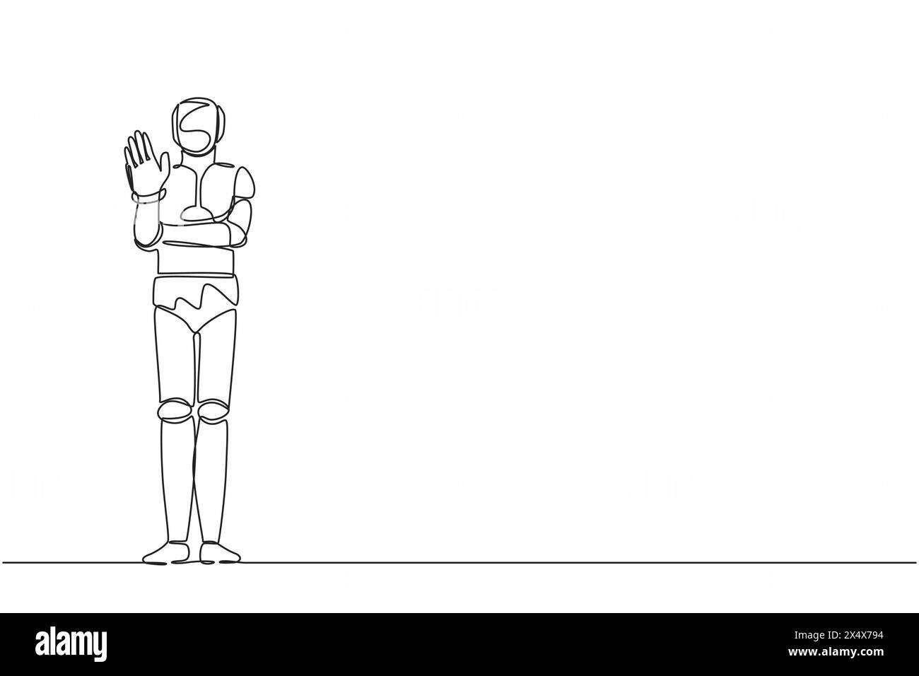 Single one line drawing robot showing palm as stop sign, stay, hold or ...
