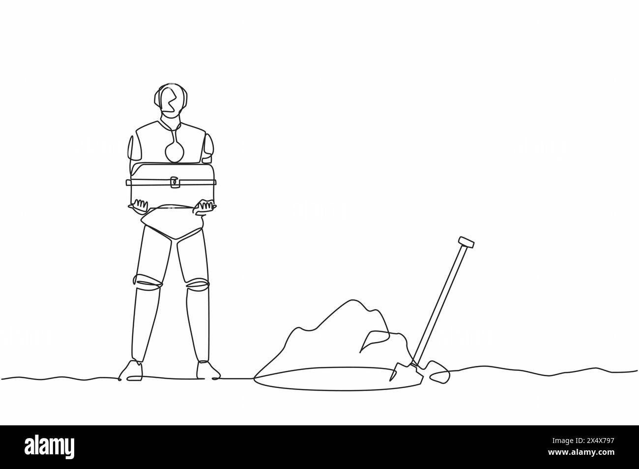 Single continuous line drawing robot standing near digging hole and holding chest treasure ...