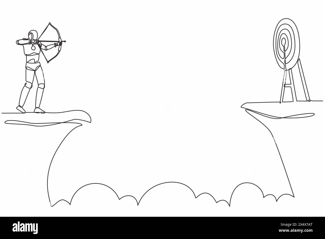 Single one line drawing robot standing on cliff with archer in hand ...