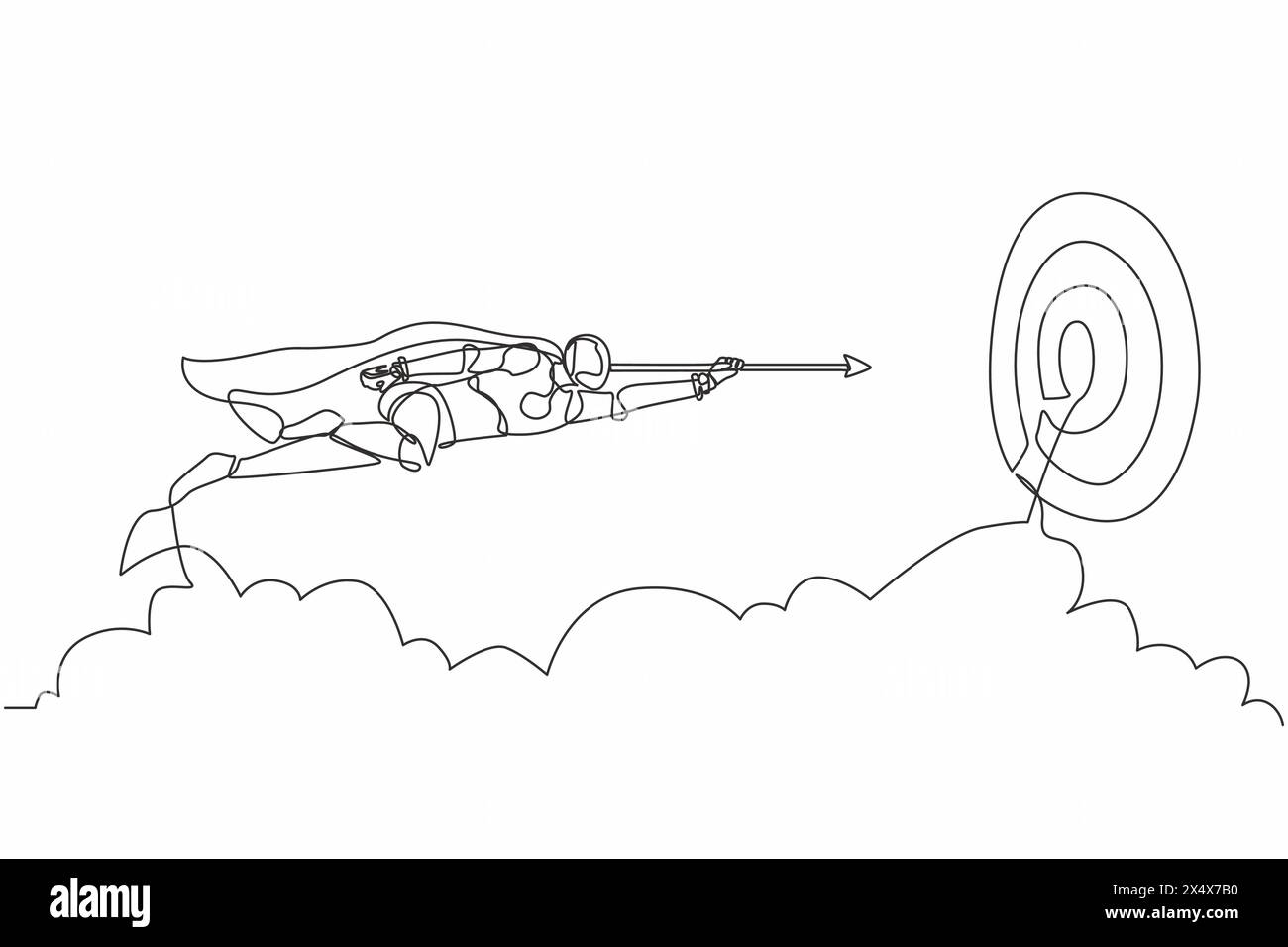 Continuous one line drawing robot superhero flying with arrow forward ...