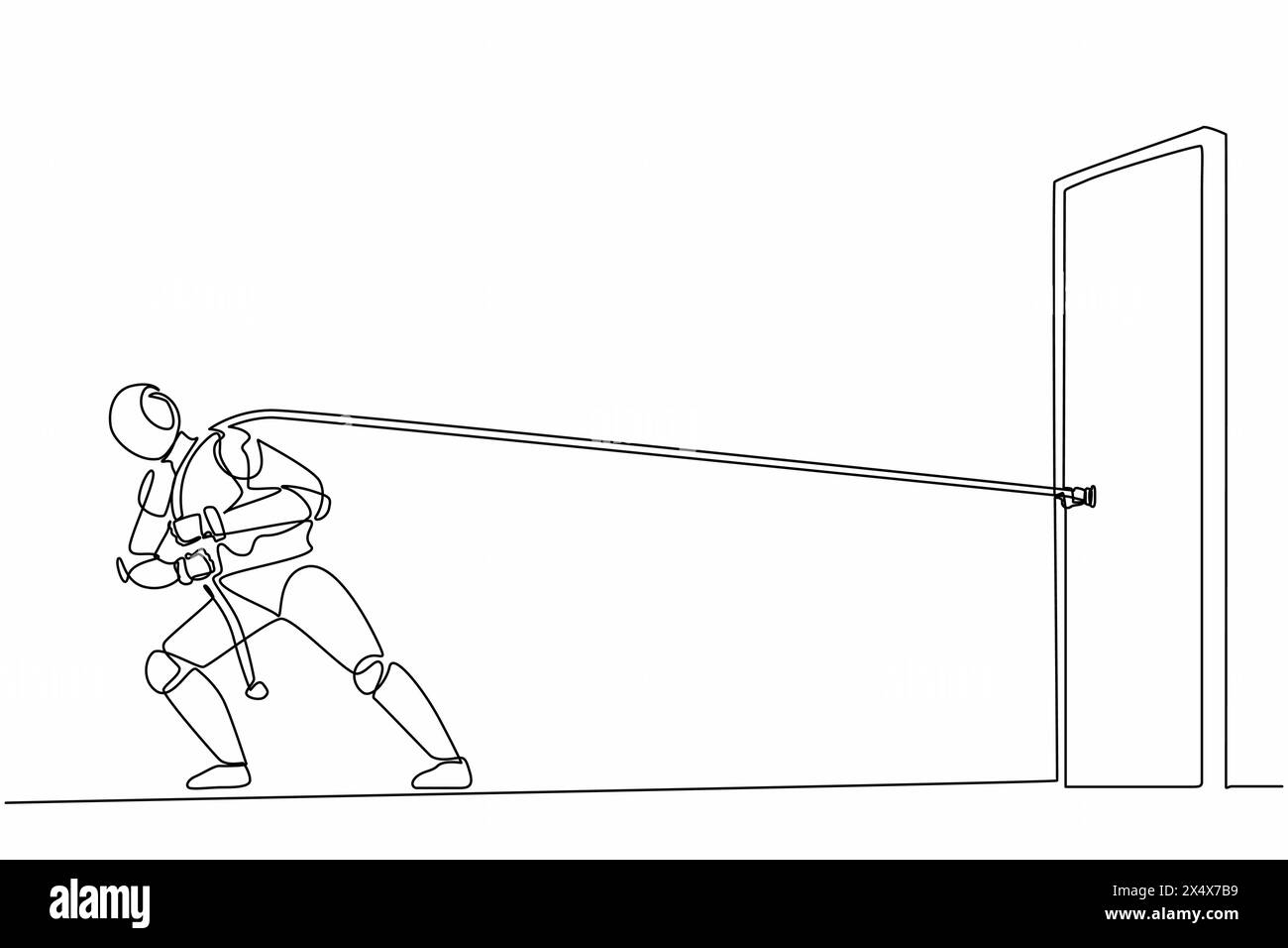 Single continuous line drawing robots pulling heavy door with rope ...