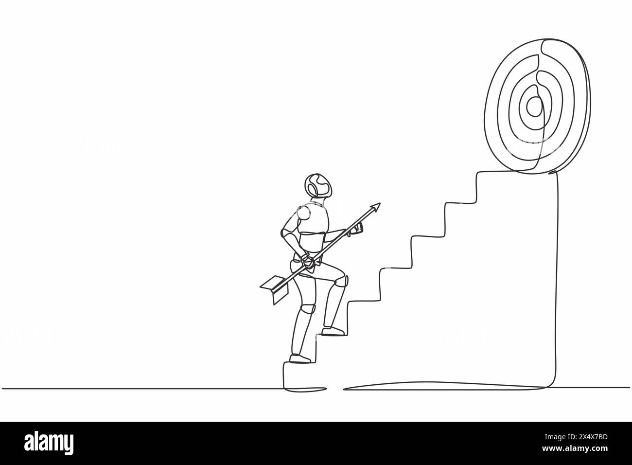 Single continuous line drawing robot holding arrow running up stairway ...
