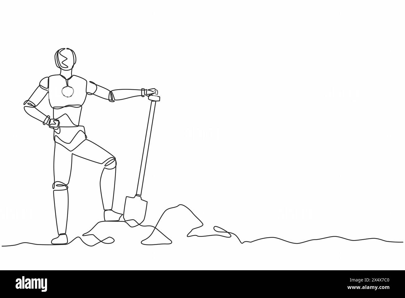 Single continuous line drawing happy robot standing near digging hole ...