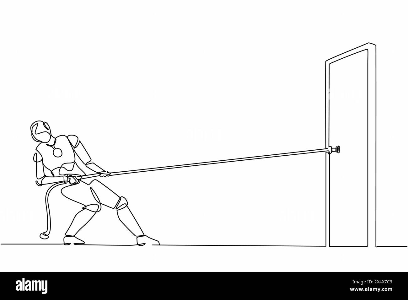 Continuous one line drawing robot pulling and trying open door with ...