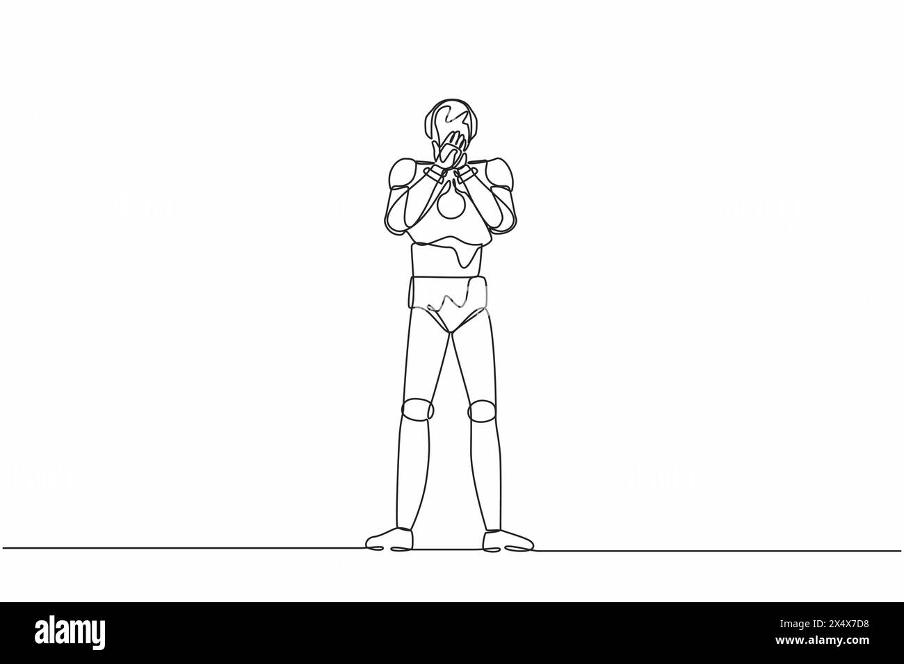 Single one line drawing robot covering mouth with hands, shocked with ...
