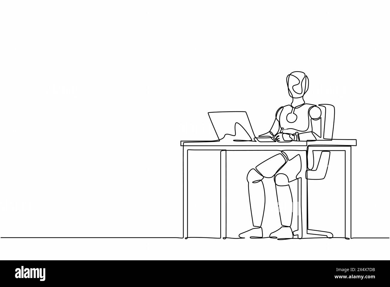Single continuous line drawing robot writing and sitting in front of laptop at table. Robotic ...