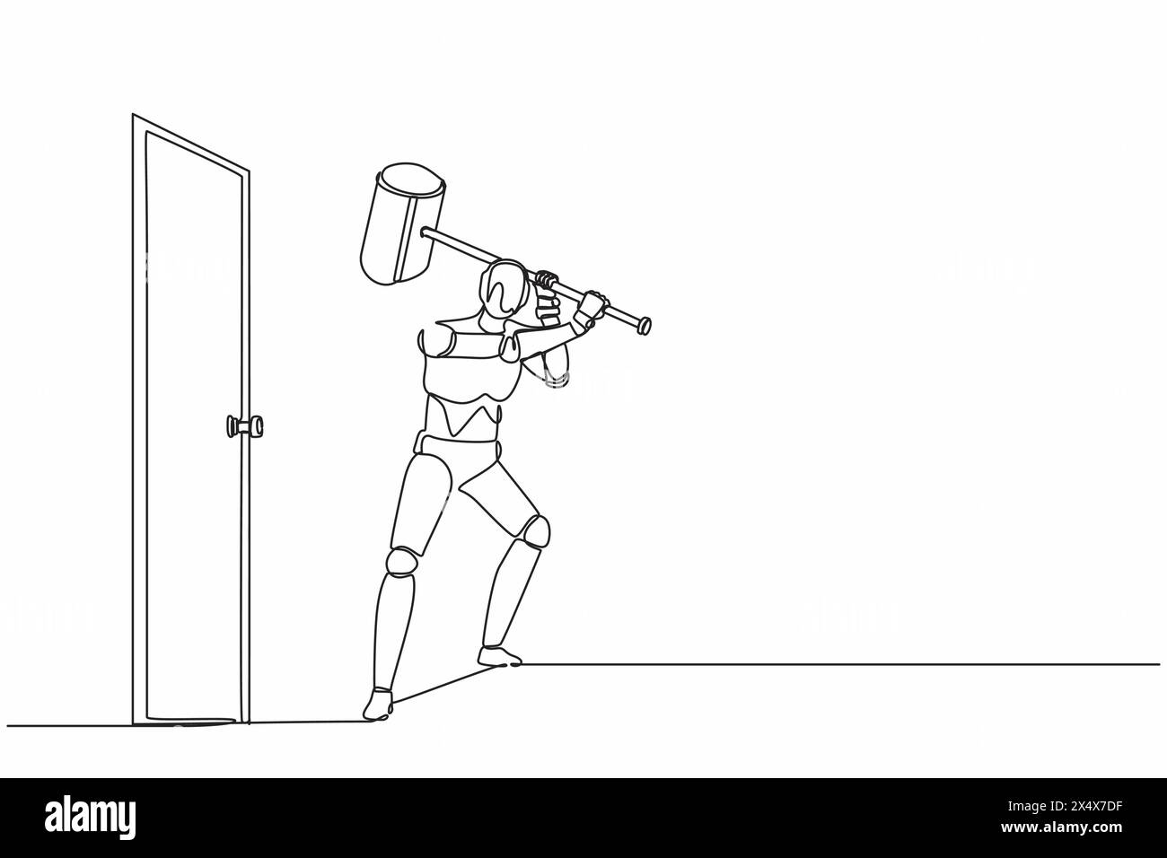 Single continuous line drawing robot holding large hammer to destroying ...