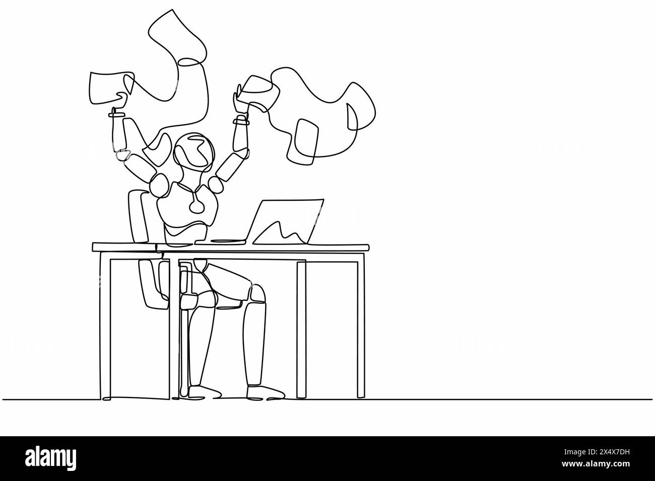 Continuous one line drawing happy robot throwing documents in air ...