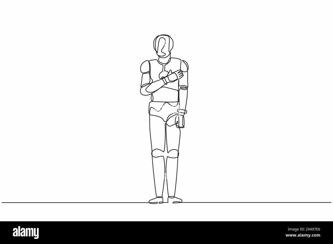Single one line drawing robot keeping hands on chest. Smiling friendly ... Single one line drawing robot keeping hands on chest. Smiling friendly ...
