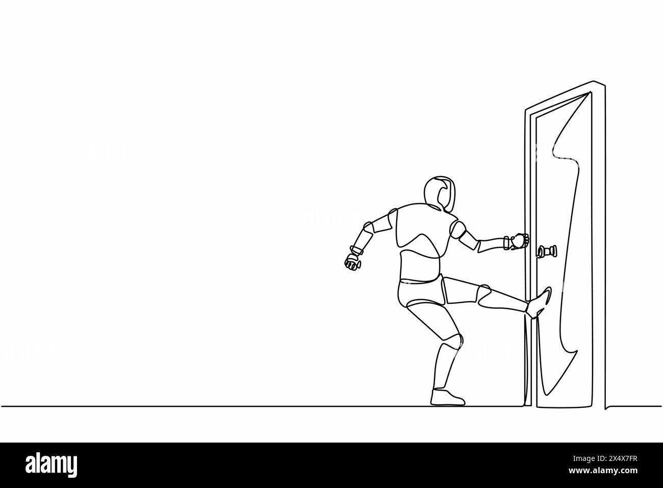 Continuous one line drawing robots standing kicks closed door with his ... Continuous one line drawing robots standing kicks closed door with his ...