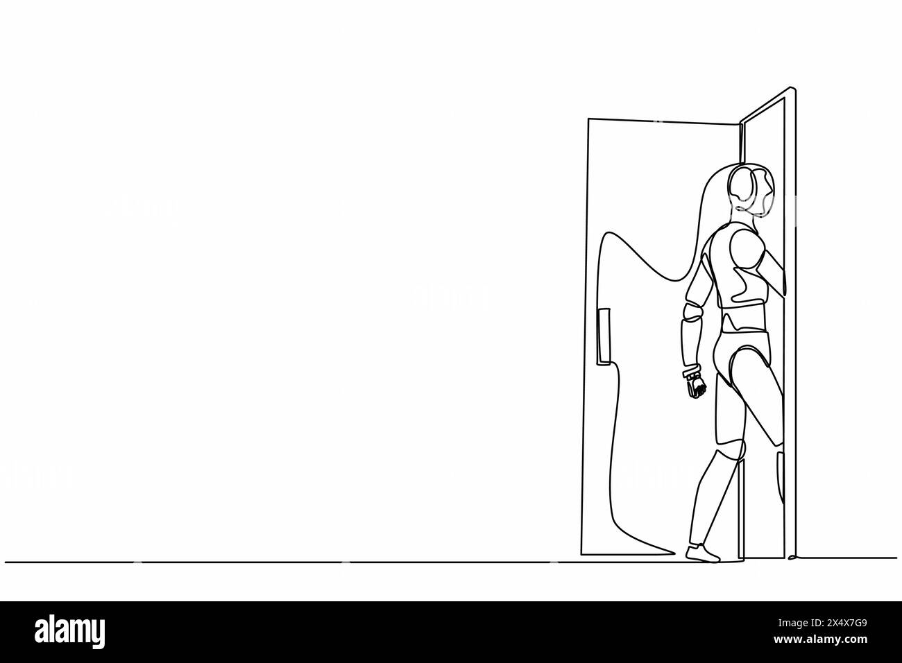 Single continuous line drawing robots walking enters the room through ...