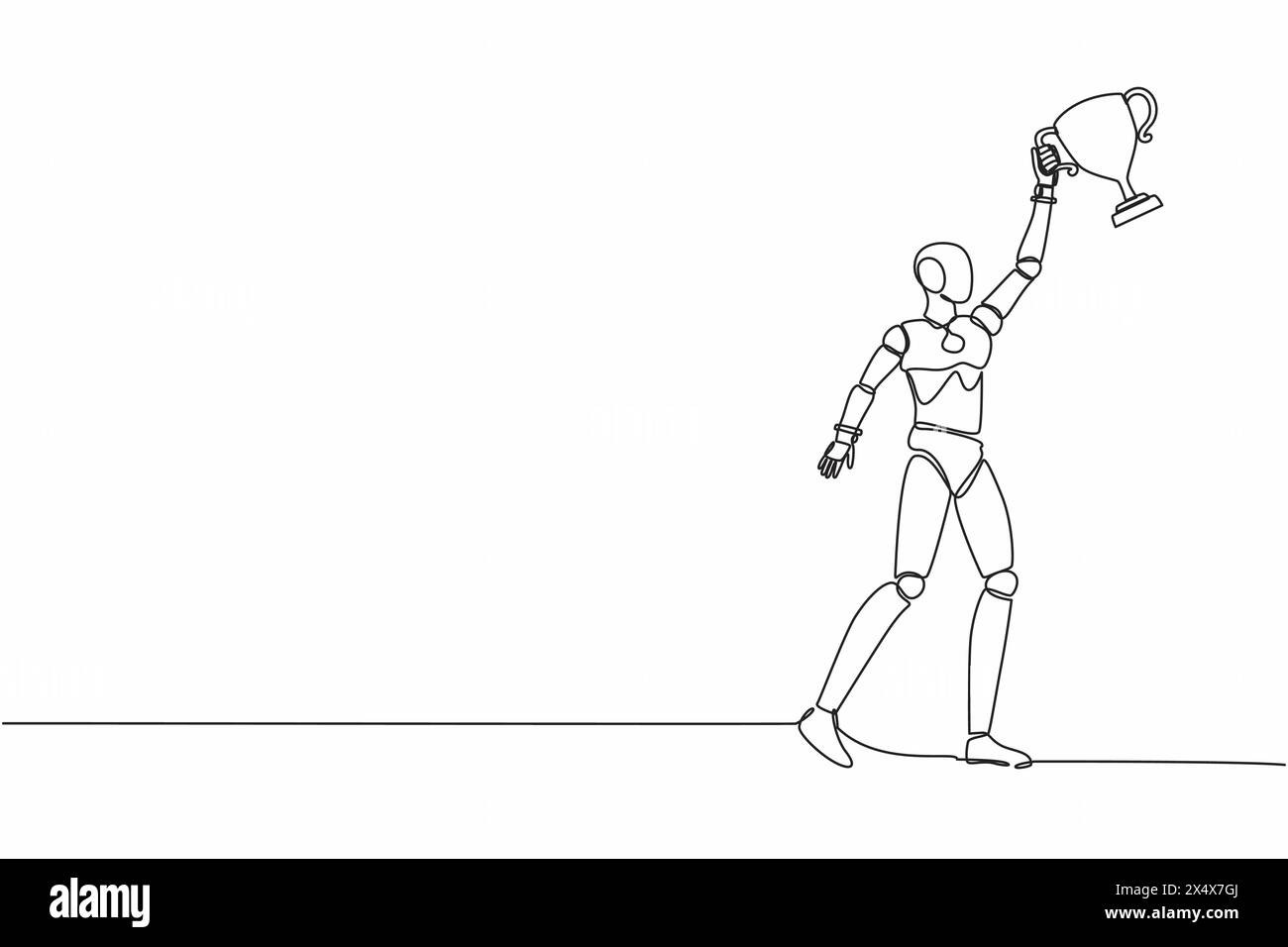 Single one line drawing robot holding trophy with one hand. Success and ...