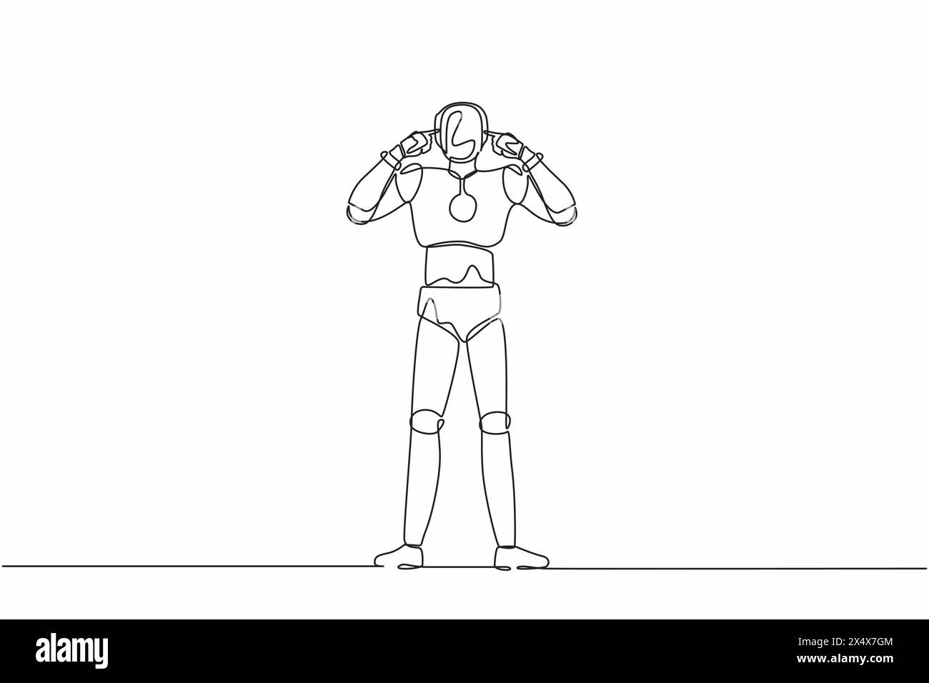 Single one line drawing robot covering ears with fingers with annoyed ...
