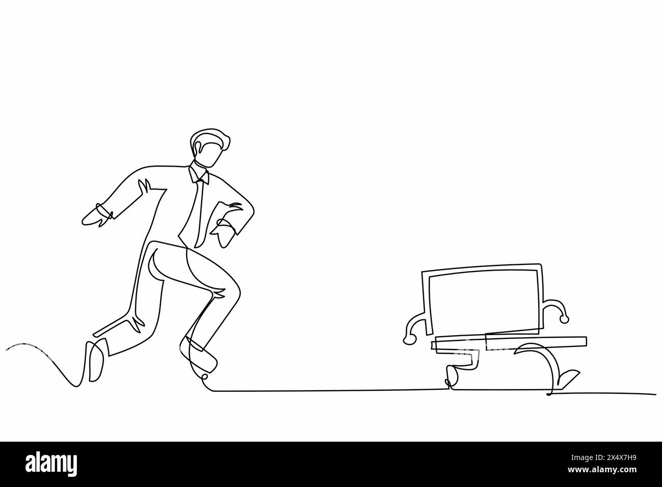 Continuous one line drawing furious businessman chasing laptop computer ...