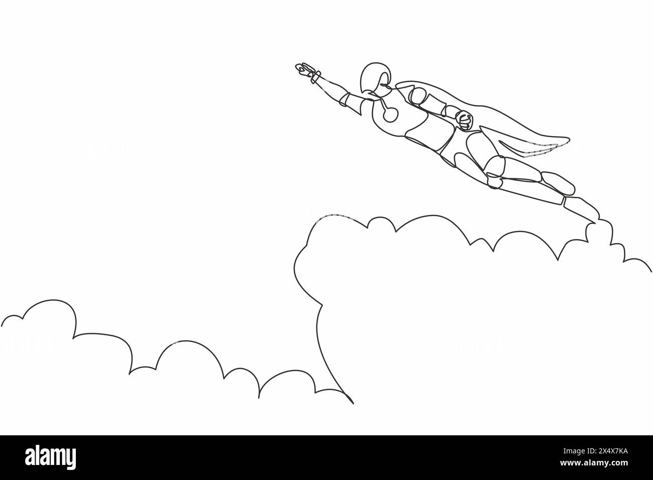 Single one line drawing superhero robot in cloak flying up to sky ...