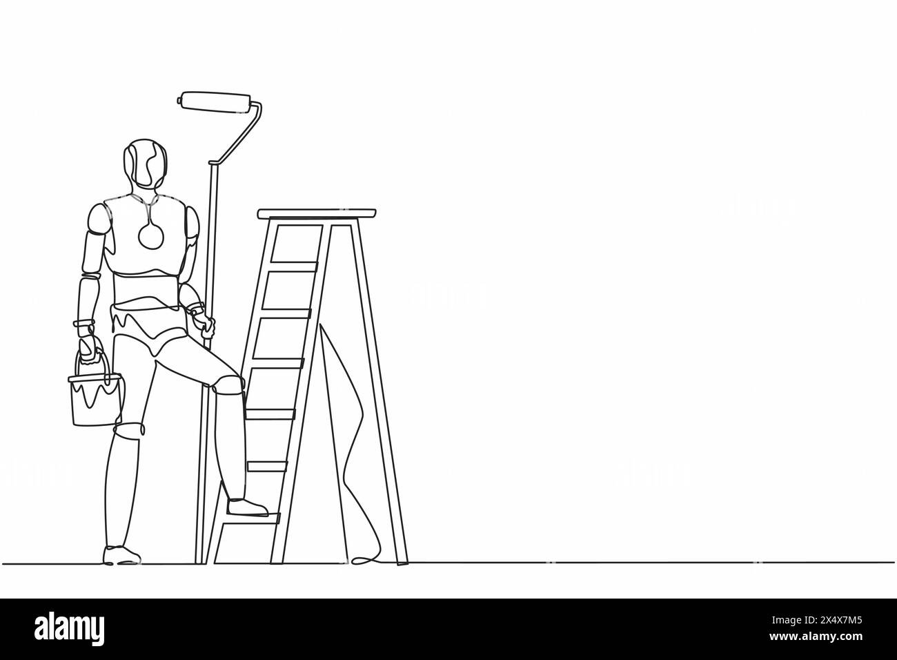 Single one line drawing robot painter standing with painting roller ...