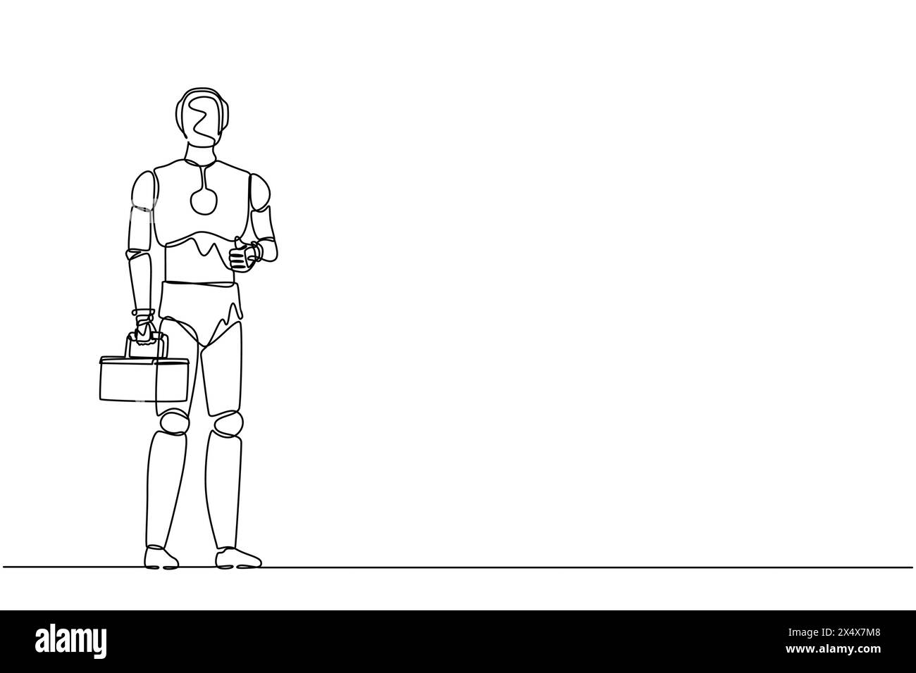 Single one line drawing robot plumber standing and holding wrench and ...