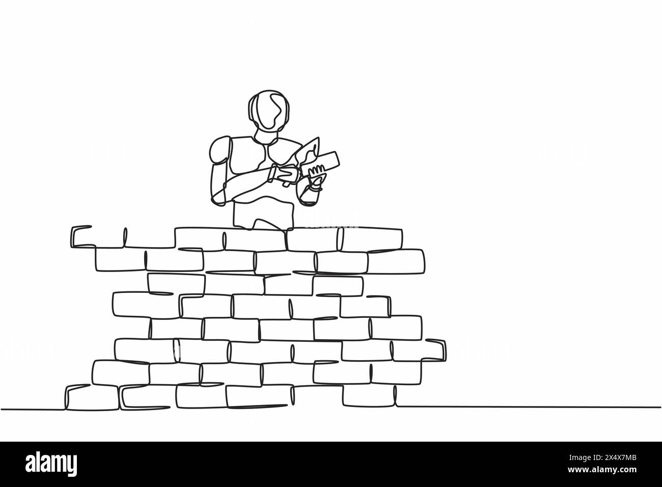 Single one line drawing robot repairman building brick wall. Future ...