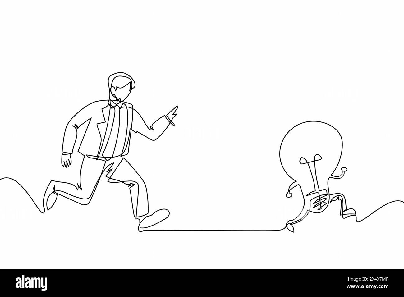 Continuous one line drawing businessman run chasing try to catch idea ...