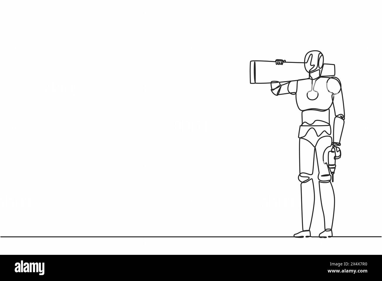 Continuous one line drawing robot repairman standing with board, tool box, and drill. Humanoid ...