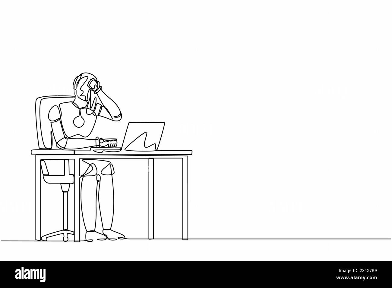 Single continuous line drawing robot employee crying while wiping tears ...