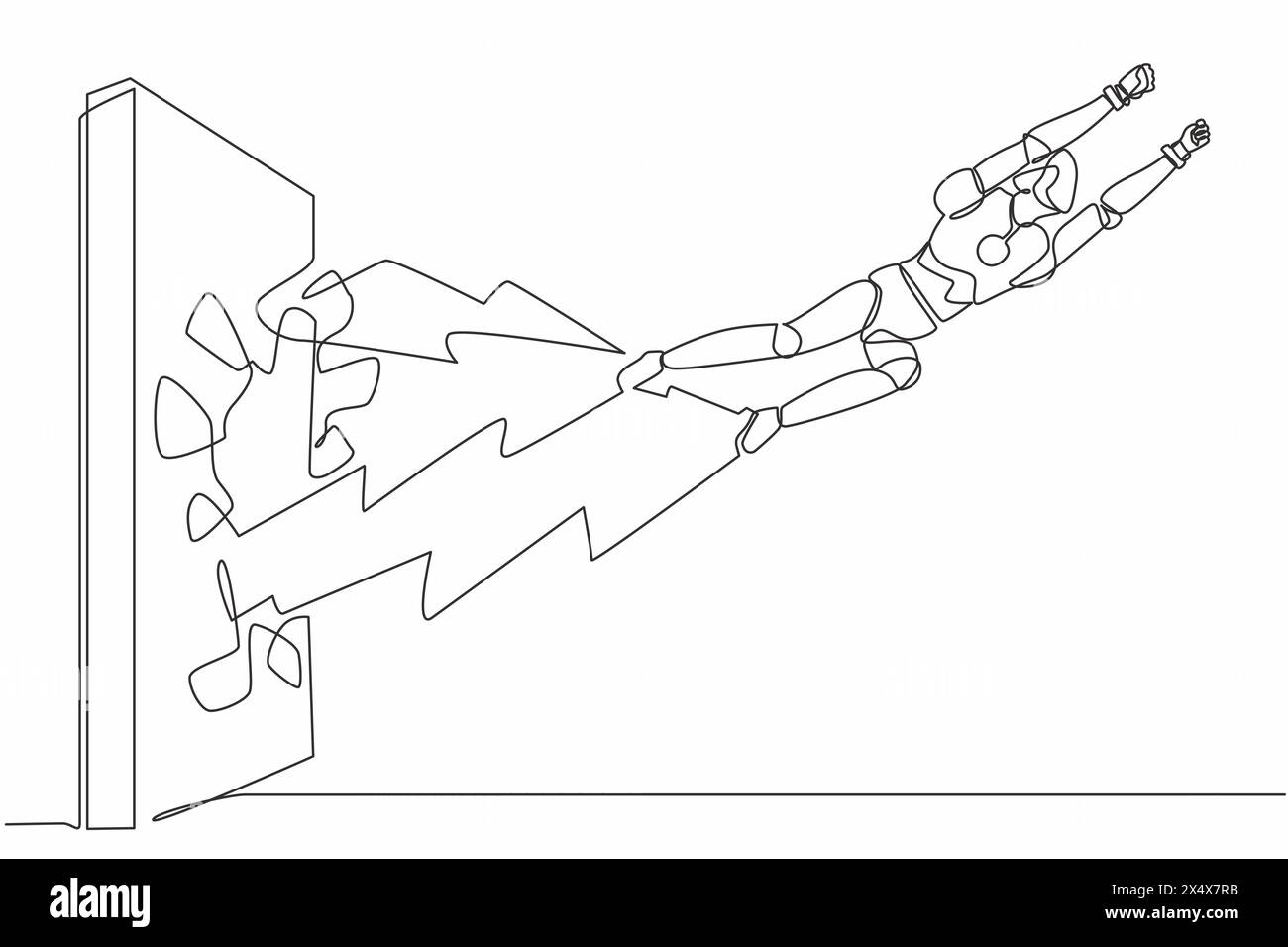 Continuous one line drawing robot punches and breaks the wall. Flying ...