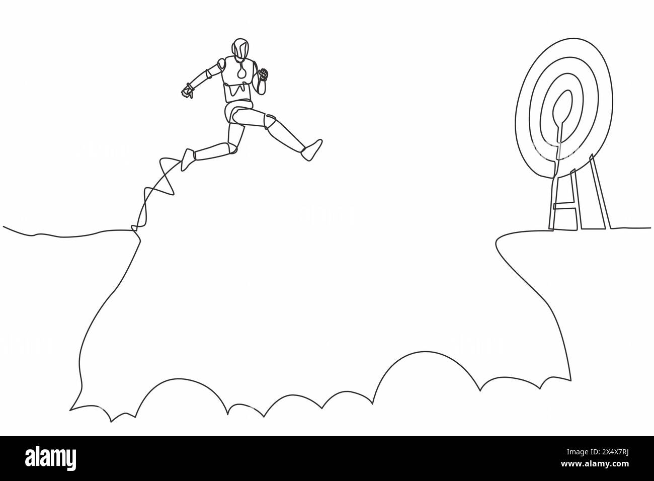 Single Continuous Line Drawing Robot Jumping Over Cliff To Reach Target Robotic Artificial