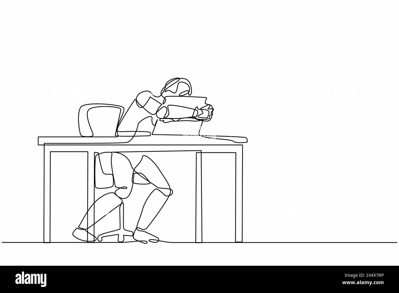 Single continuous line drawing robot sitting and hugging laptop at ... Single continuous line drawing robot sitting and hugging laptop at ...