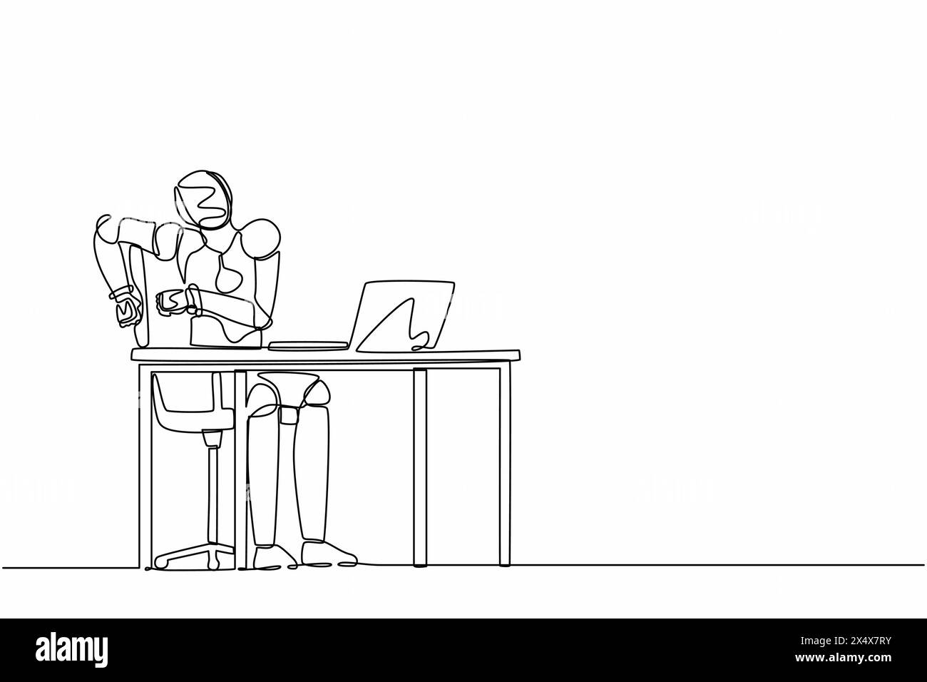 Single continuous line drawing scared robot looking at laptop computer ...