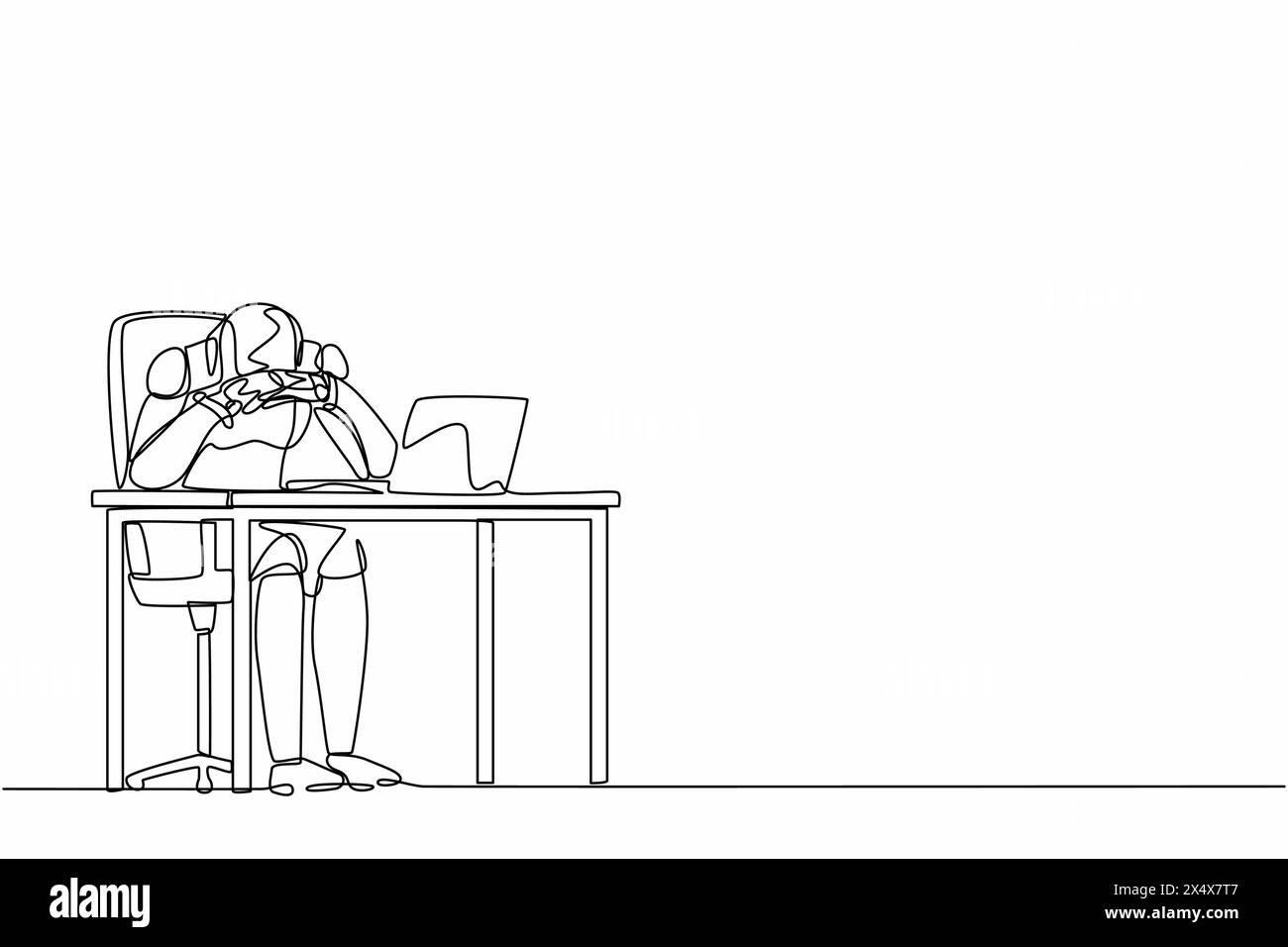 Single one line drawing frustrated robot in doubt with hand on chin ...