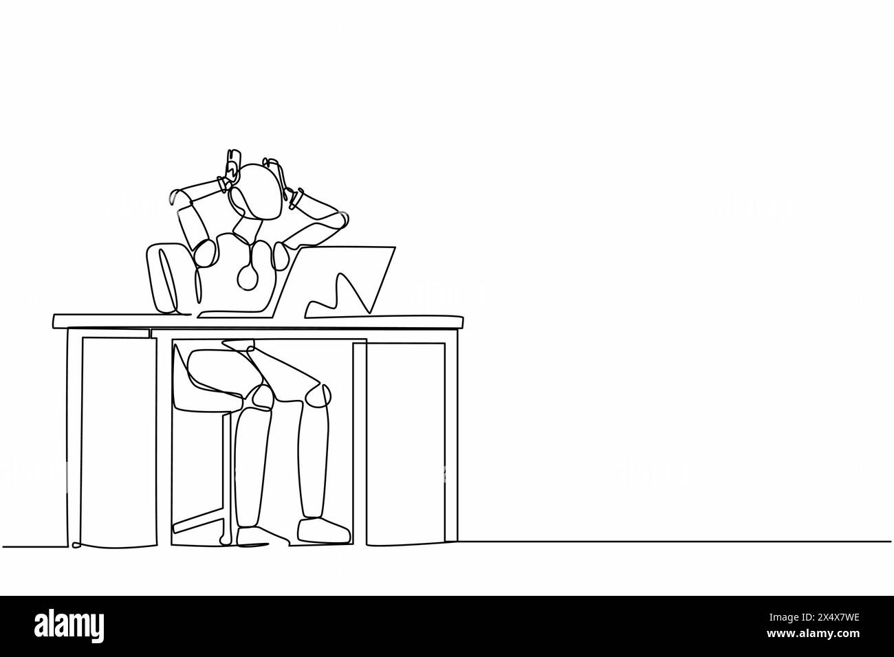 Single one line drawing frustrated robot sitting at laptop, holding ...