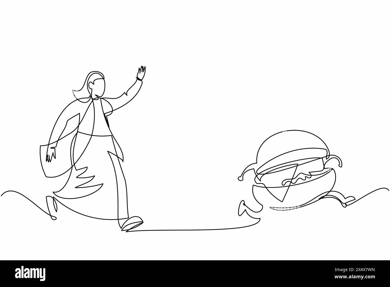 Single continuous line drawing businesswoman run chasing try to catch ...