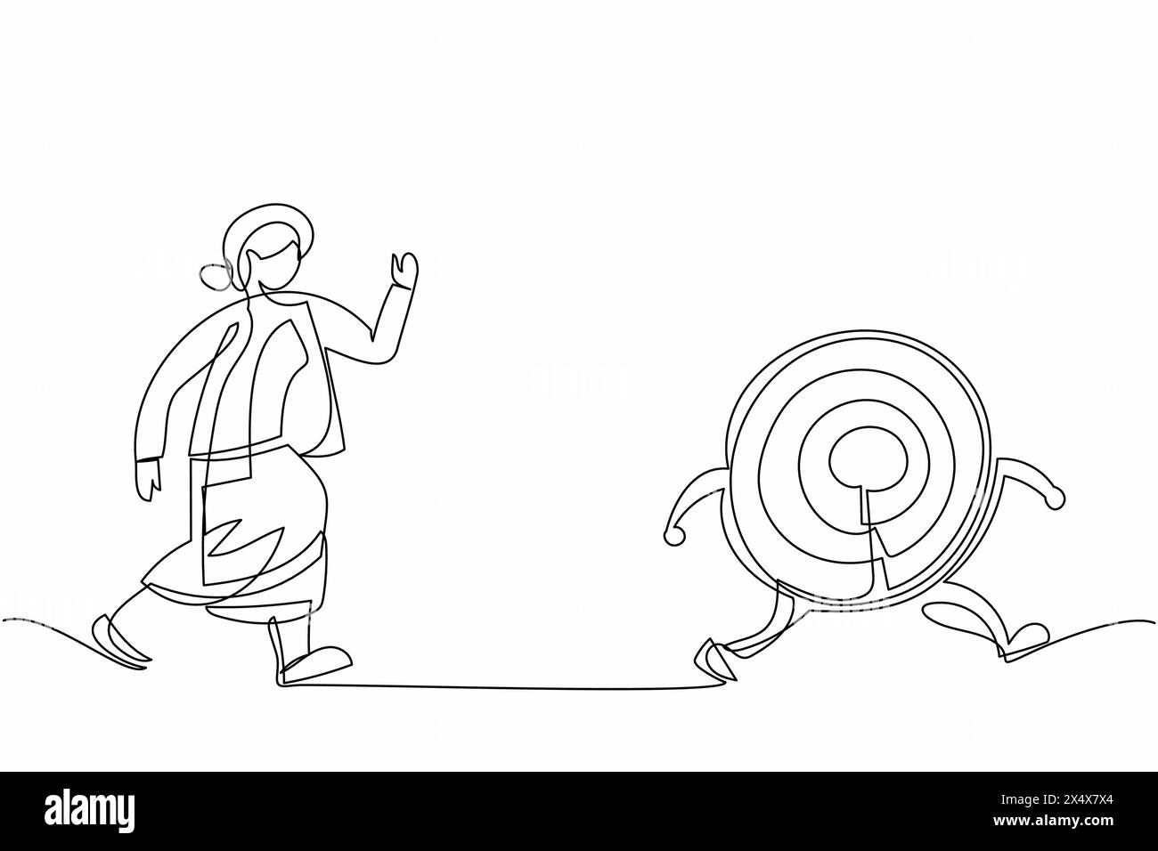 Continuous one line drawing businesswoman run chasing try to catch big ...