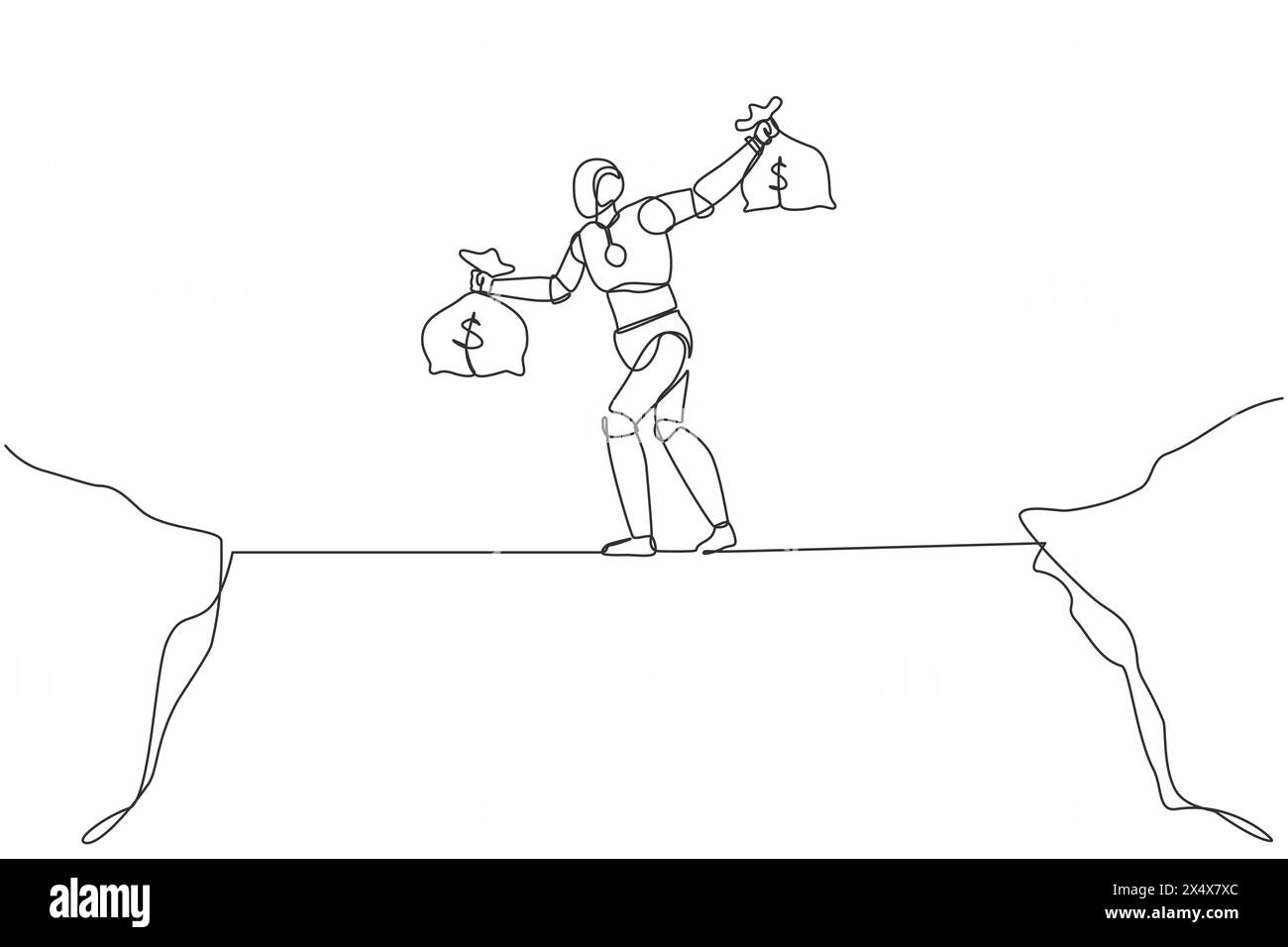 Continuous one line drawing robot walk over cliff gap mountain carry ...
