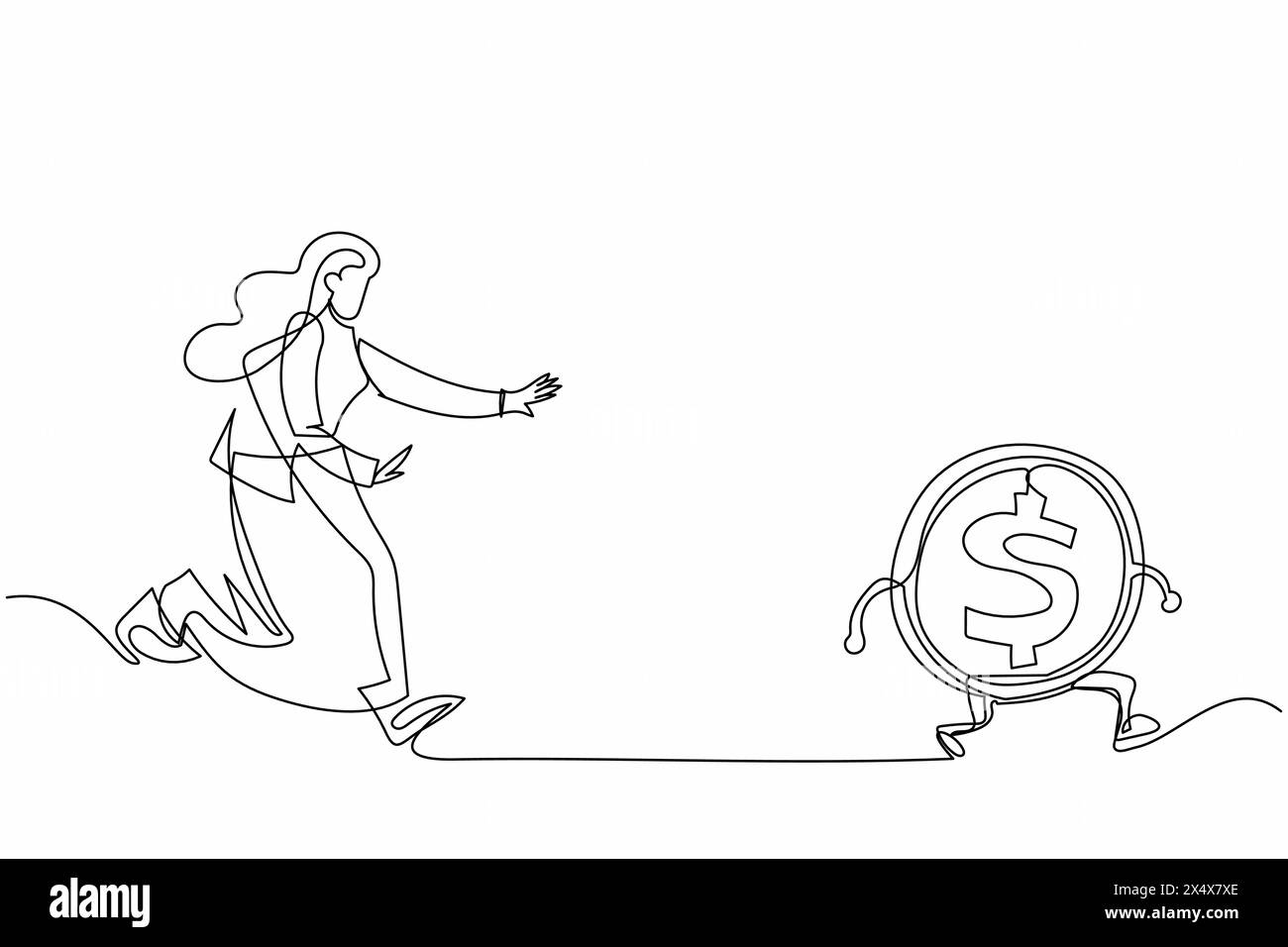 Single continuous line drawing businesswoman run chasing try to catch ...
