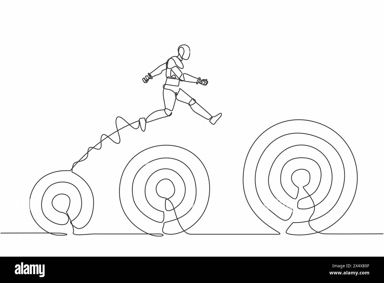 Single one line drawing robot jumping up higher target career goals ...