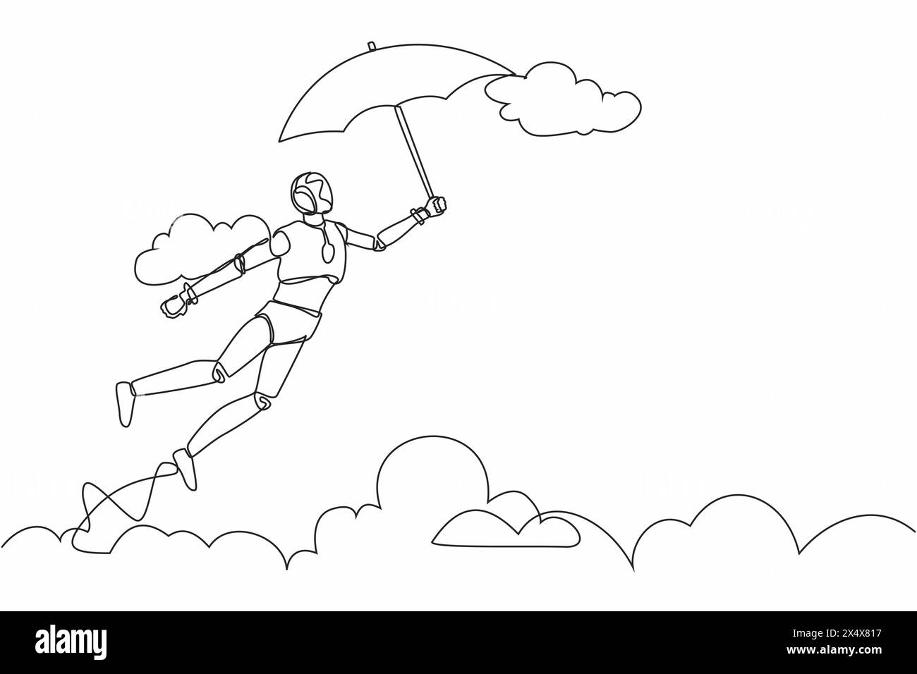 Single continuous line drawing robot flying in the sky with his ...