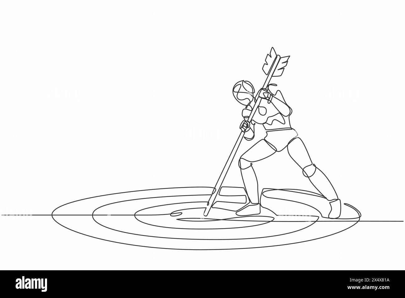 Single one line drawing robot mark goal with arrow. Robot holding arrow ...