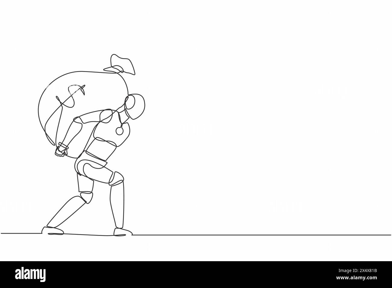 Continuous one line drawing robot carrying big and heavy money bag on ...