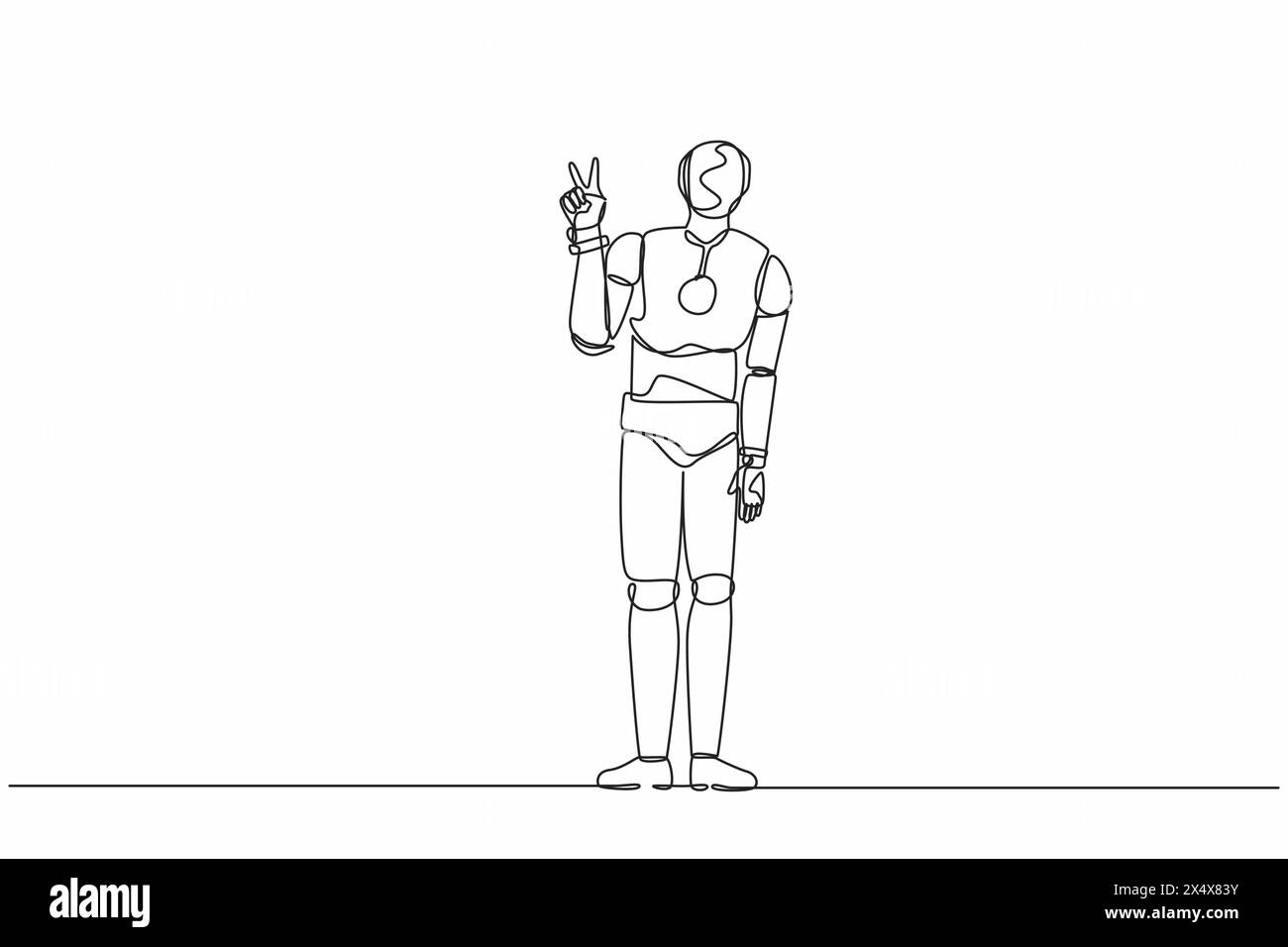 Single continuous line drawing robot showing victory sign, gesture success. Robot doing victory ...