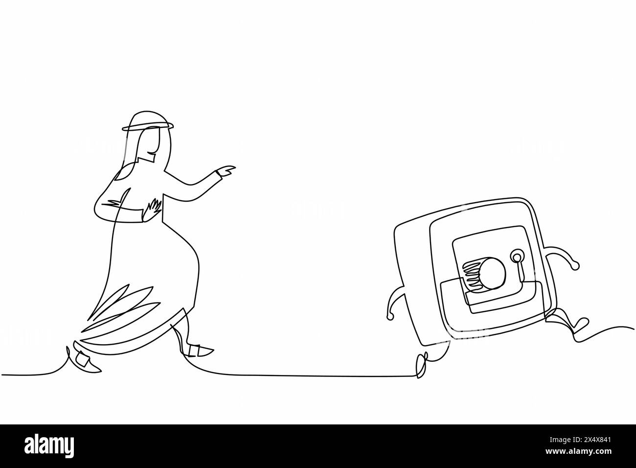 Continuous one line drawing Arab businessman run chasing deposit box ...