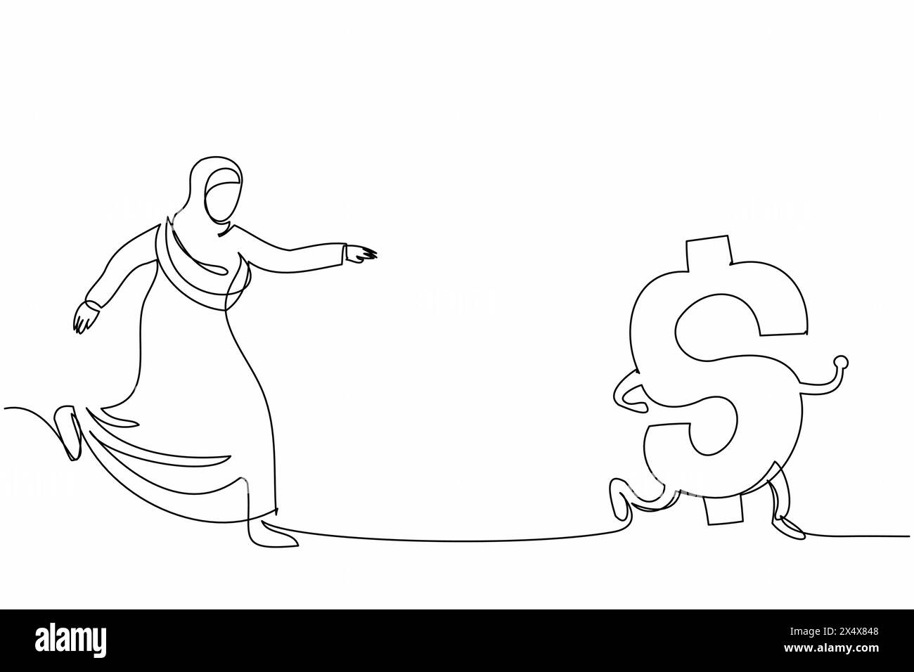Single continuous line drawing Arabian businesswoman chasing dollar ...