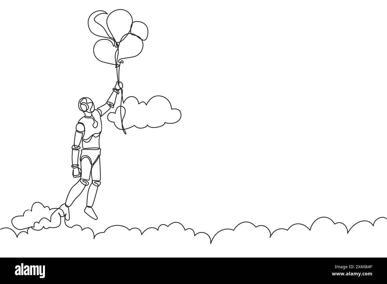 Single continuous line drawing robot floating with balloon. Robot ... Single continuous line drawing robot floating with balloon. Robot ...