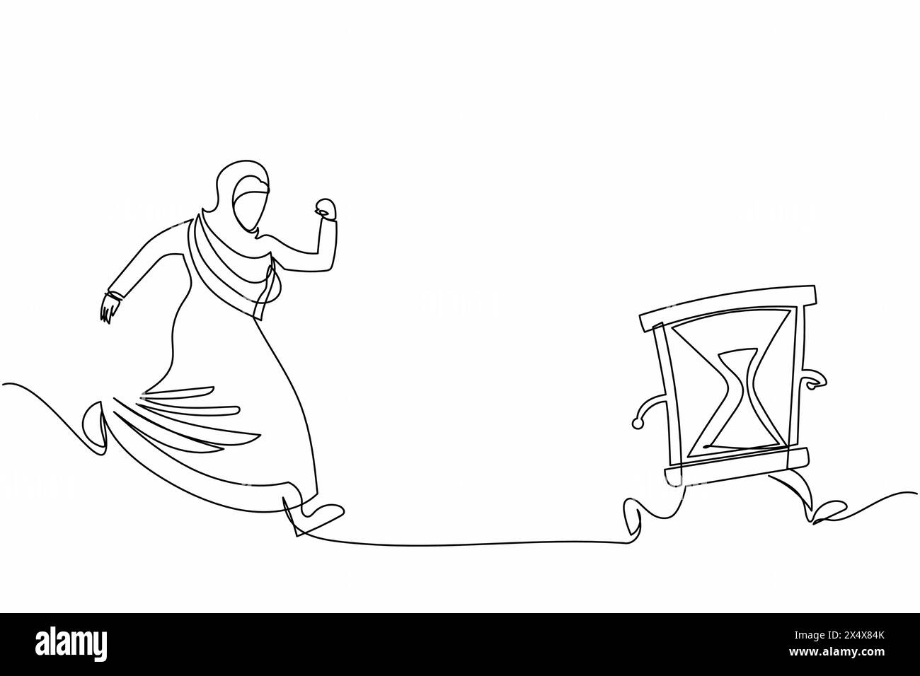 Continuous one line drawing Arab businesswoman chasing hourglass. Time ...
