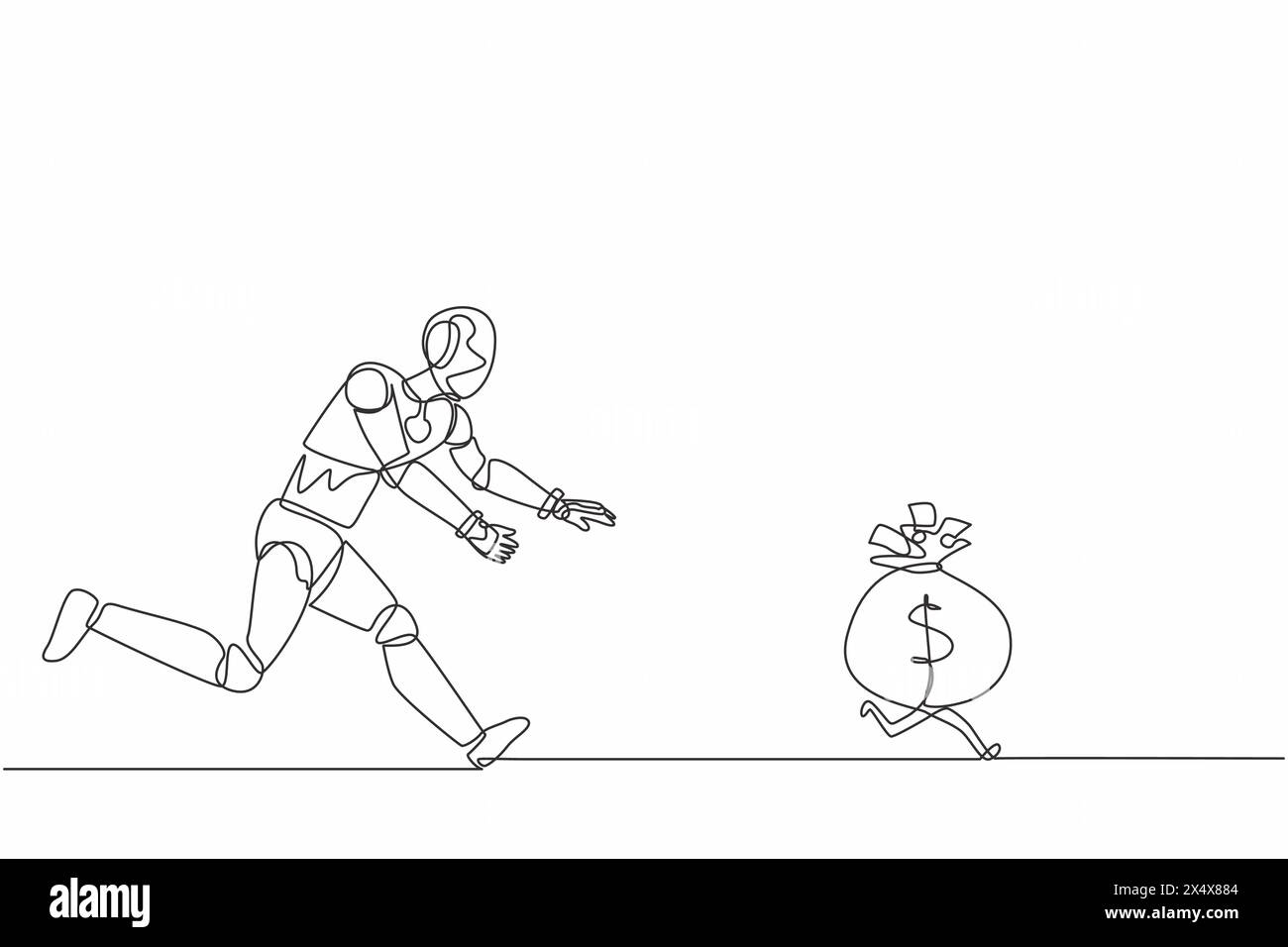 Single continuous line drawing robot chasing money bag dollar run away ...