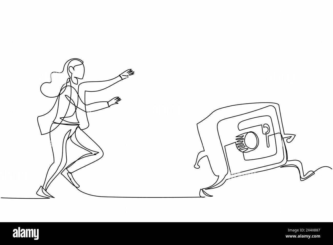 Continuous one line drawing businesswoman run chasing try to catch safe ...